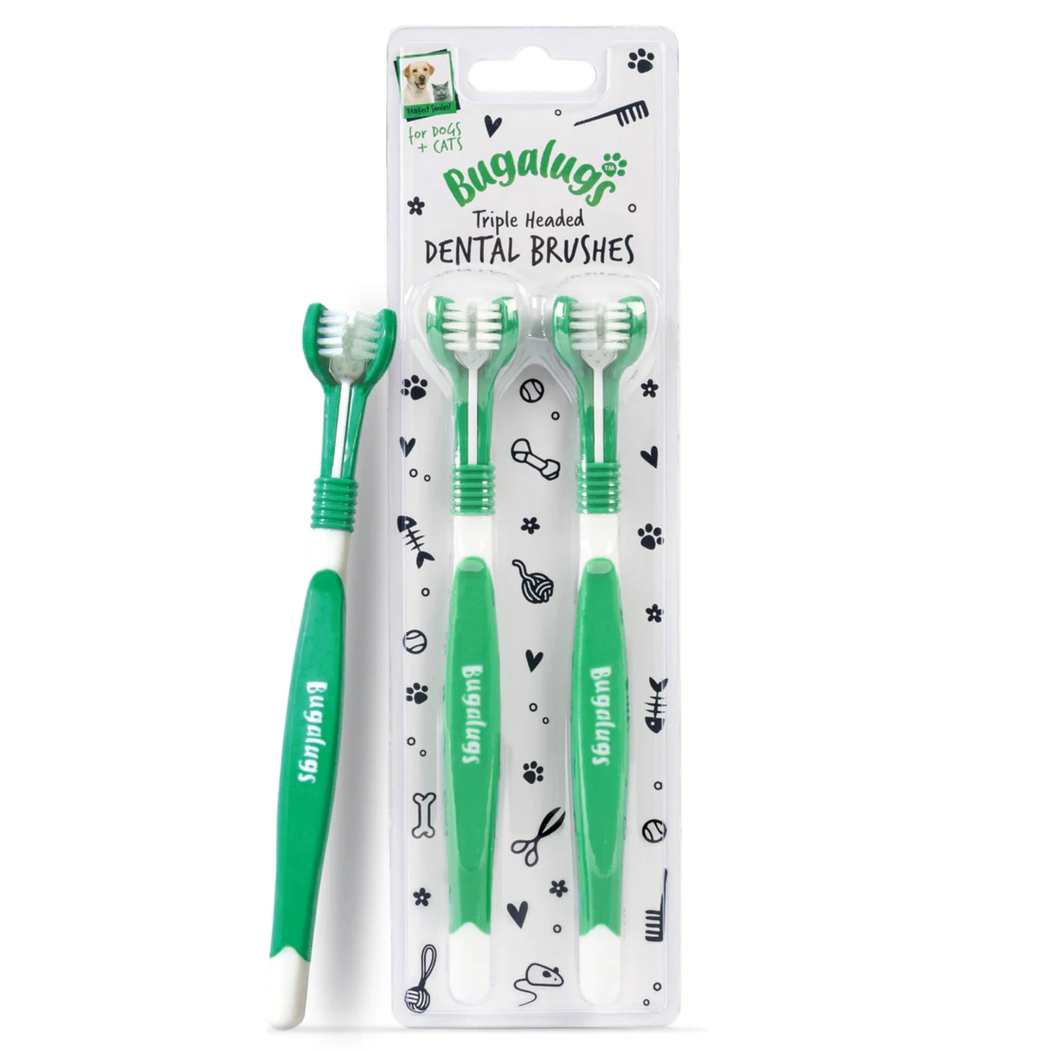 Bugalugs Triple Headed Dental Care Toothbrushes – Pack of 2 for Dogs ...