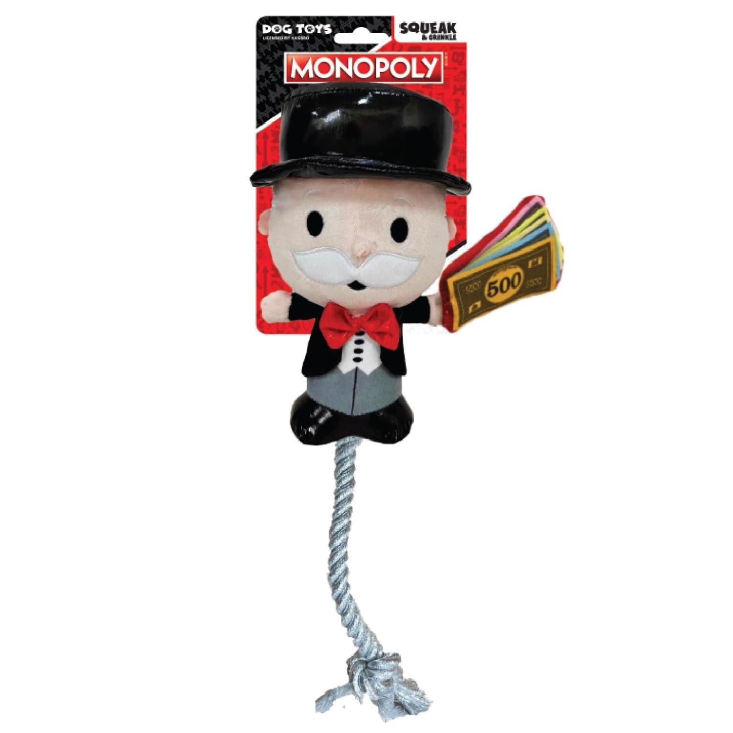 🎩 Hasbro Monopoly Mr. Moneybags Dog Toy – Plush, Squeak & Rope 8" | Pet ...